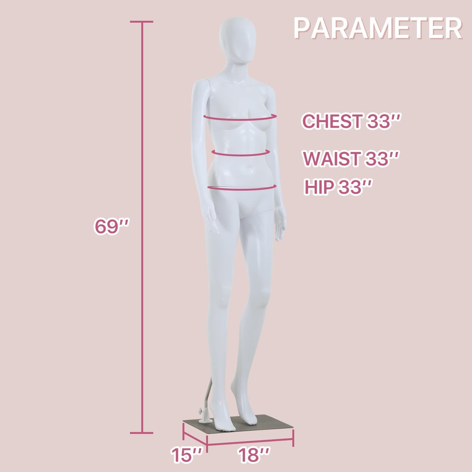 Female Mannequin Full Body 69" High Adjustable Realistic Manikin Torso with Metal Base for Display Women, Plastic Head Turns Poseable Mannequin Stand, White
