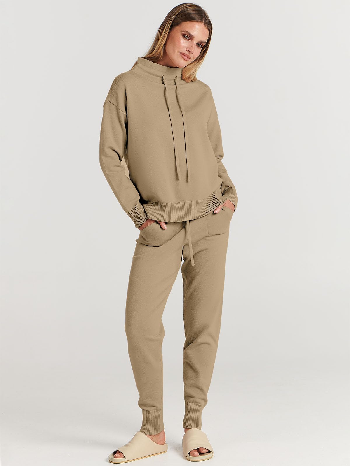 ANRABESS Women Two Piece Outfits Turtleneck Pullover Top Cozy Knit Sweater Pants Lounge Set 2024 Fall Sweatsuit Sweatsuits Khaki Medium