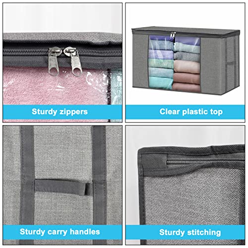 Foldable Large Clothes Comforter Soft Storage Bags, Breathable Linen Closet Storage and Organizers for Blankets, with Sturdy Zippers Clear Window, Set of 2 Grey with Printing