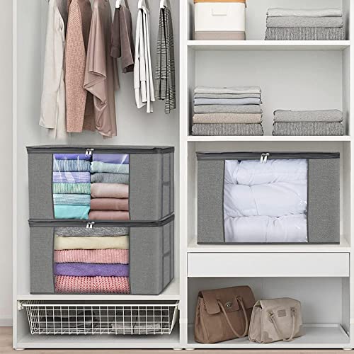Foldable Large Clothes Comforter Soft Storage Bags, Breathable Linen Closet Storage and Organizers for Blankets, with Sturdy Zippers Clear Window, Set of 2 Grey with Printing
