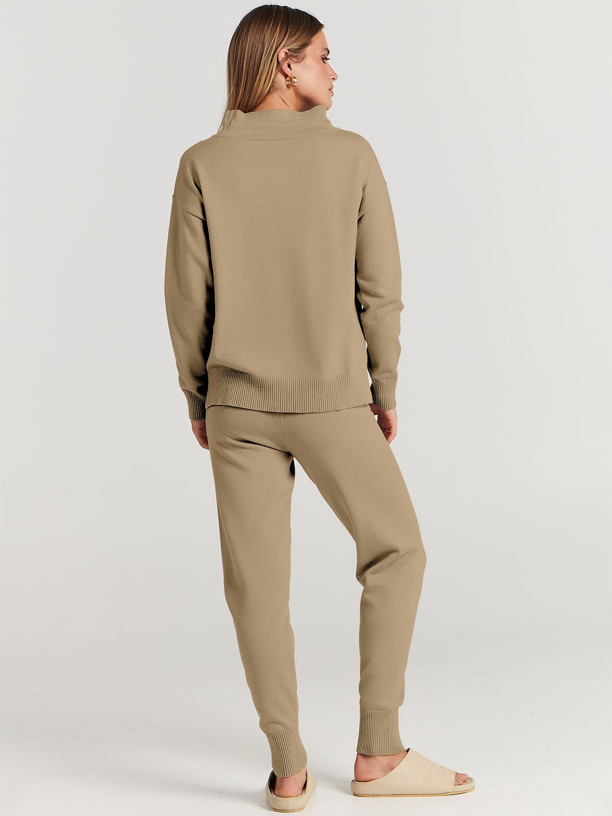 ANRABESS Women Two Piece Outfits Turtleneck Pullover Top Cozy Knit Sweater Pants Lounge Set 2024 Fall Sweatsuit Sweatsuits Khaki Medium