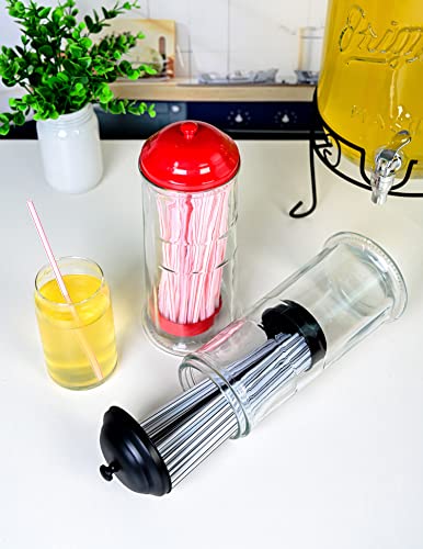 Straw Dispenser with Stainless Steel Lid | Glass Straw Holder for Counter with Lid | Drinking Straw Dispensers | Straw Container | Holds Straws up to 8.5 Inches, Black