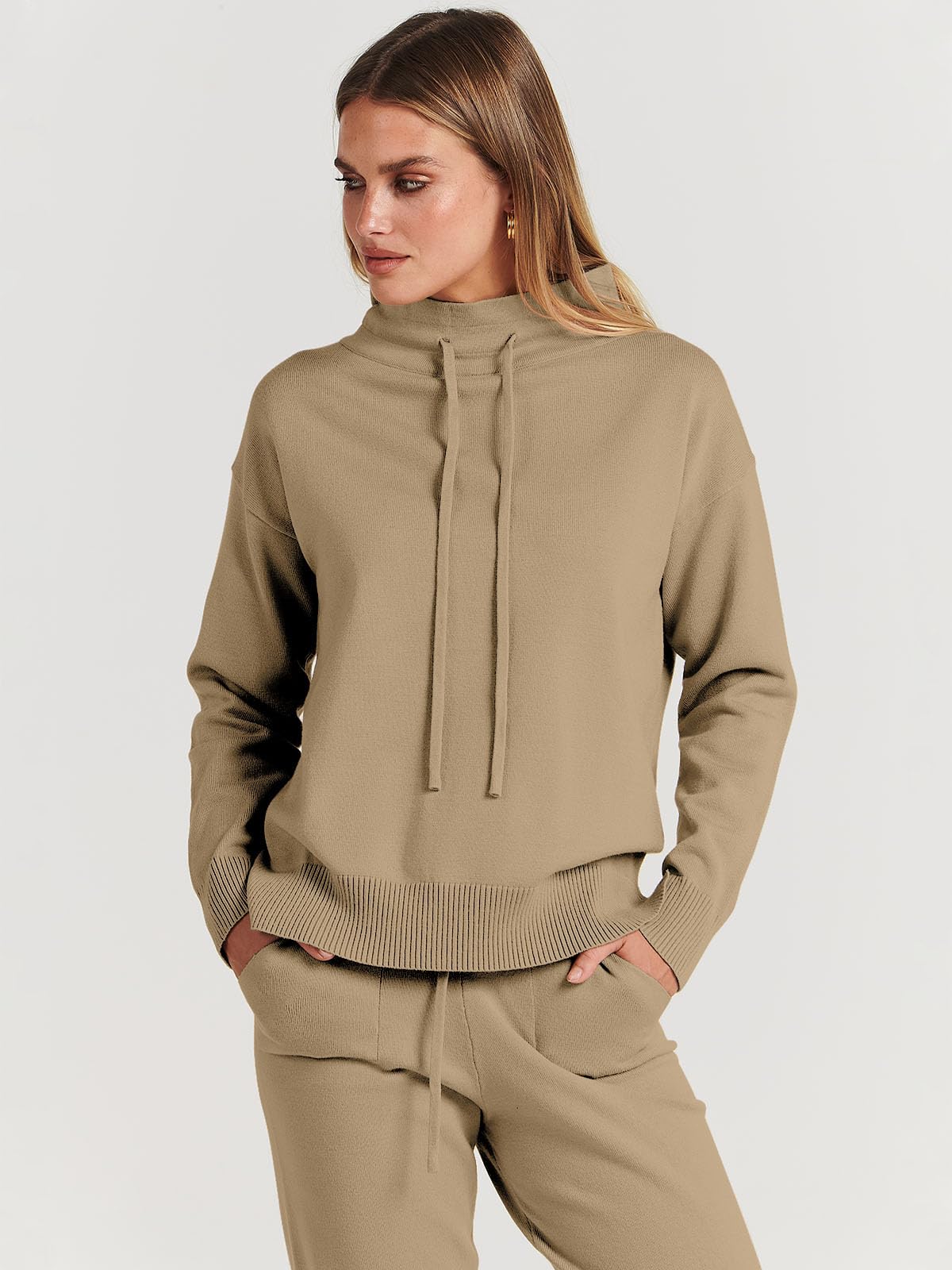 ANRABESS Women Two Piece Outfits Turtleneck Pullover Top Cozy Knit Sweater Pants Lounge Set 2024 Fall Sweatsuit Sweatsuits Khaki Medium