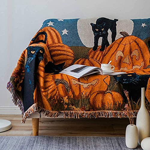 Dafatpig Halloween Blanket Sofa Blanket Fringe Throw Blanket 100% Cotton Lightweight for Chair Sofa Couch Bed Cover Fit Home Cozy Knit Blankets for Autumn