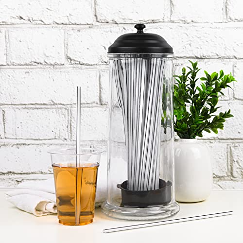 Straw Dispenser with Stainless Steel Lid | Glass Straw Holder for Counter with Lid | Drinking Straw Dispensers | Straw Container | Holds Straws up to 8.5 Inches, Black