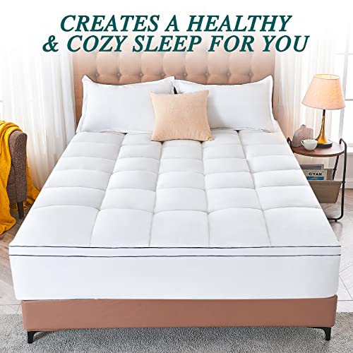 CYMULA Mattress Topper Queen, Cooling Mattress Pad Cover, Extra Thick Pillow Top Mattress Topper with 8-21 Inch Elasticated Deep Pockets, Plush Down Alternative Fill Mattress Protector