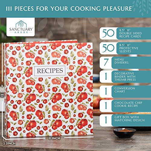 Recipe Binder β Write 100 Favorite Recipes on 50 Double Sided Blank Recipe Cards (8.5x11 in) w/ 50 Protective Sleeves & Add 200 Printed Recipes β Incl. Conversion Chart & 7 Menu Dividers