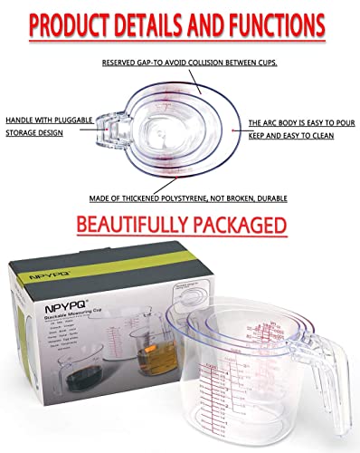 NPYPQ 3 Piece Measuring Cup Set, Includes 1-Cup, 2-Cup, and 4-Cup Clear Plastic Liquid Measuring Cups Easy to Read, Essential Kitchen Tools