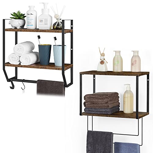 ETELI Bathroom Wall Shelf 2 Tier Towel Rack with Shelf Wall Mount Wood Storage Rack with Towel Bar, Brown