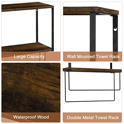ETELI Bathroom Wall Shelf 2 Tier Towel Rack with Shelf Wall Mount Wood Storage Rack with Towel Bar, Brown