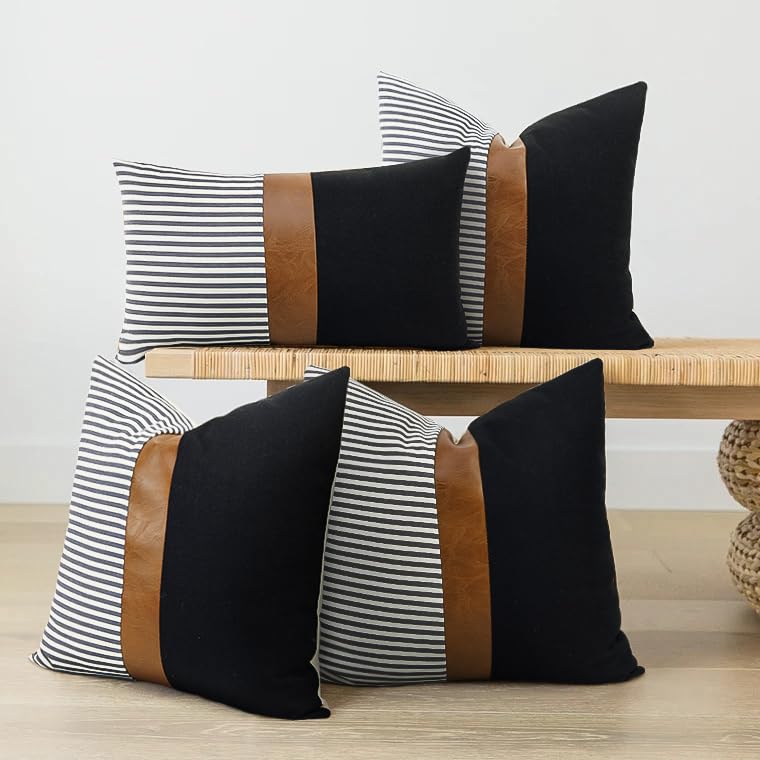 cygnus 20x20 Pillow Covers Set of 2 Farmhouse Decor Stripe Patchwork Linen Throw Pillow Covers Modern Faux Leather Covers for Couch Sofa,Black