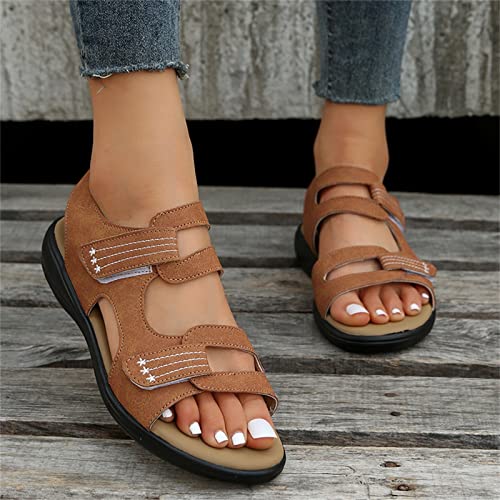 Thigh High Sandals for Women Ladies Fashion Summer Leopard Print Leather Open Toe Hook Loop Flat Sandals (Brown, 9)