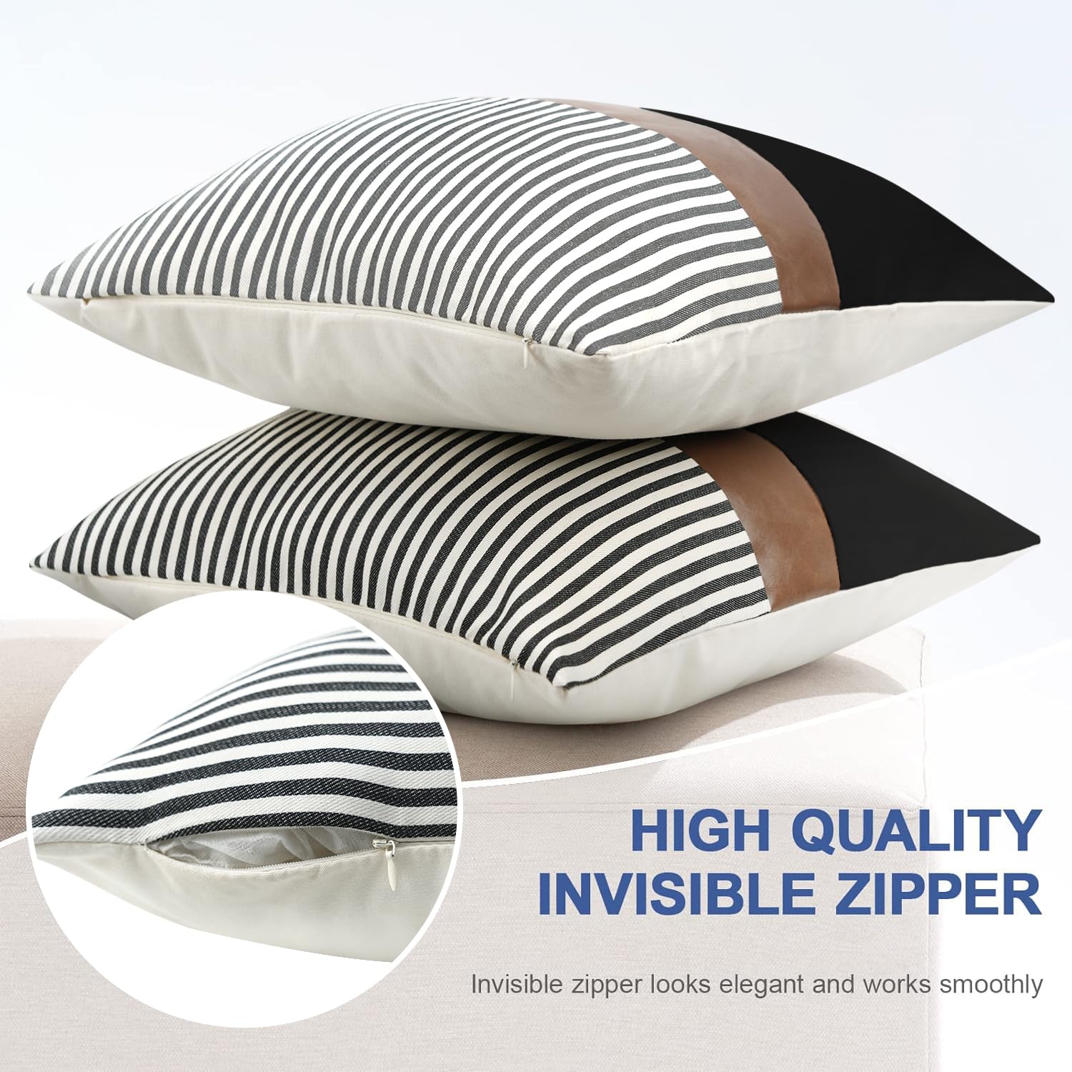 cygnus 20x20 Pillow Covers Set of 2 Farmhouse Decor Stripe Patchwork Linen Throw Pillow Covers Modern Faux Leather Covers for Couch Sofa,Black