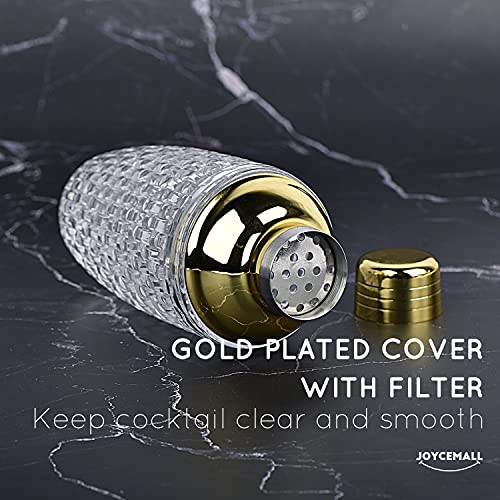 Glass Cocktail Shaker Kit, JOYCEMALL 13 Ounce Martini Mocktail Making Set with Leakproof Metallic Steel Lid & Strainer for Home Use & Bar Cart Gold