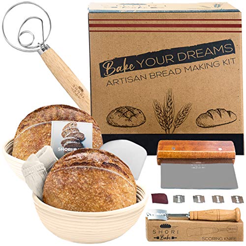 Shori Bake Banneton Bread Proofing Basket Set of 2 Round 9 Inch + Sourdough Bread Making Tools Kit, Baking Gifts for Bakers, Brotform Liner, Bread Lame, Dough Scraper, Bowl Scraper, Danish Dough Whisk