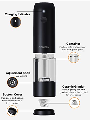 [Upgraded Larger Capacity] Electric Salt and Pepper Grinder Set - USB Rechargeable One Hand Operation Automatic Pepper Grinder and Salt Grinder with Adjustable Coarseness & LED Light Refillable