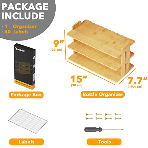 SpaceAid Bamboo Water Bottle Organizer with Labels, Kitchen Pantry Water Bottle Storage Rack for Cabinets, Home Cup and Wine Bottle Holder Shelf Organizers, (3-Tier, Hold 12 Bottles)
