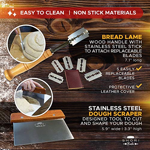 Shori Bake Banneton Bread Proofing Basket Set of 2 Round 9 Inch + Sourdough Bread Making Tools Kit, Baking Gifts for Bakers, Brotform Liner, Bread Lame, Dough Scraper, Bowl Scraper, Danish Dough Whisk