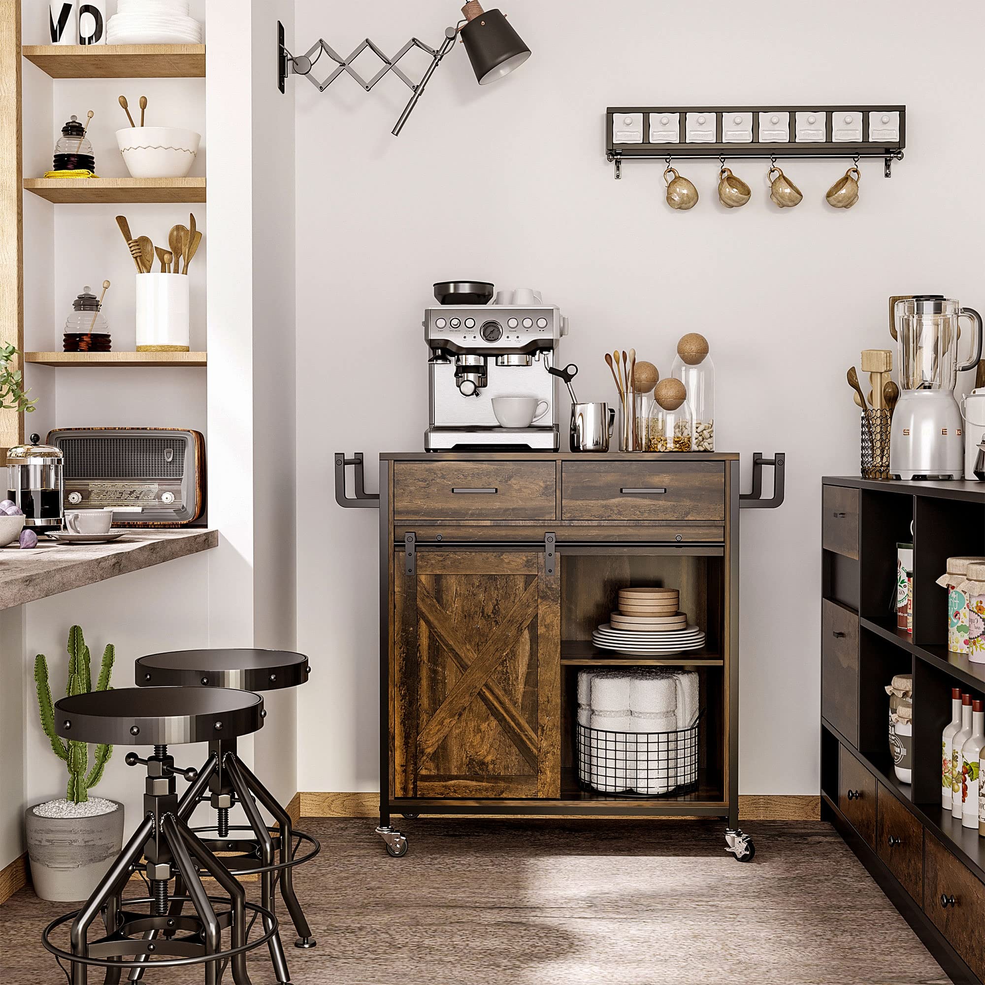 HOMCOM Industrial Kitchen Cart, Rolling Kitchen Island with Adjustable Shelf, Two Drawers, Sliding Barn Door Cabinet and Towel Rack, Rustic Brown