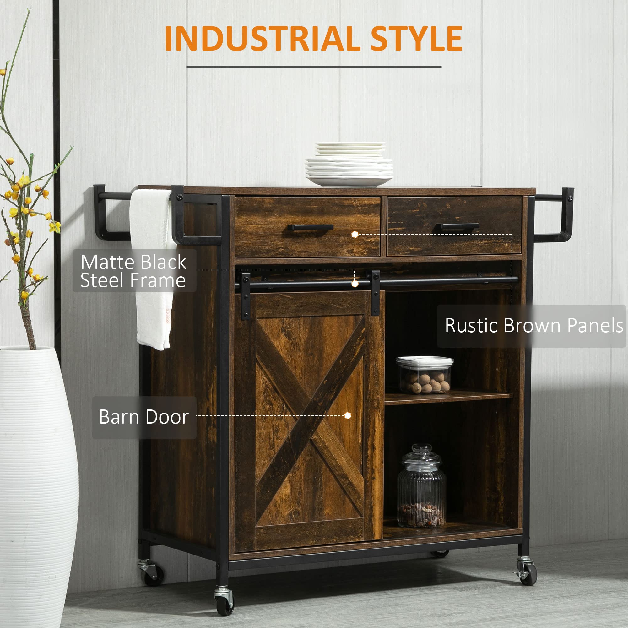 HOMCOM Industrial Kitchen Cart, Rolling Kitchen Island with Adjustable Shelf, Two Drawers, Sliding Barn Door Cabinet and Towel Rack, Rustic Brown