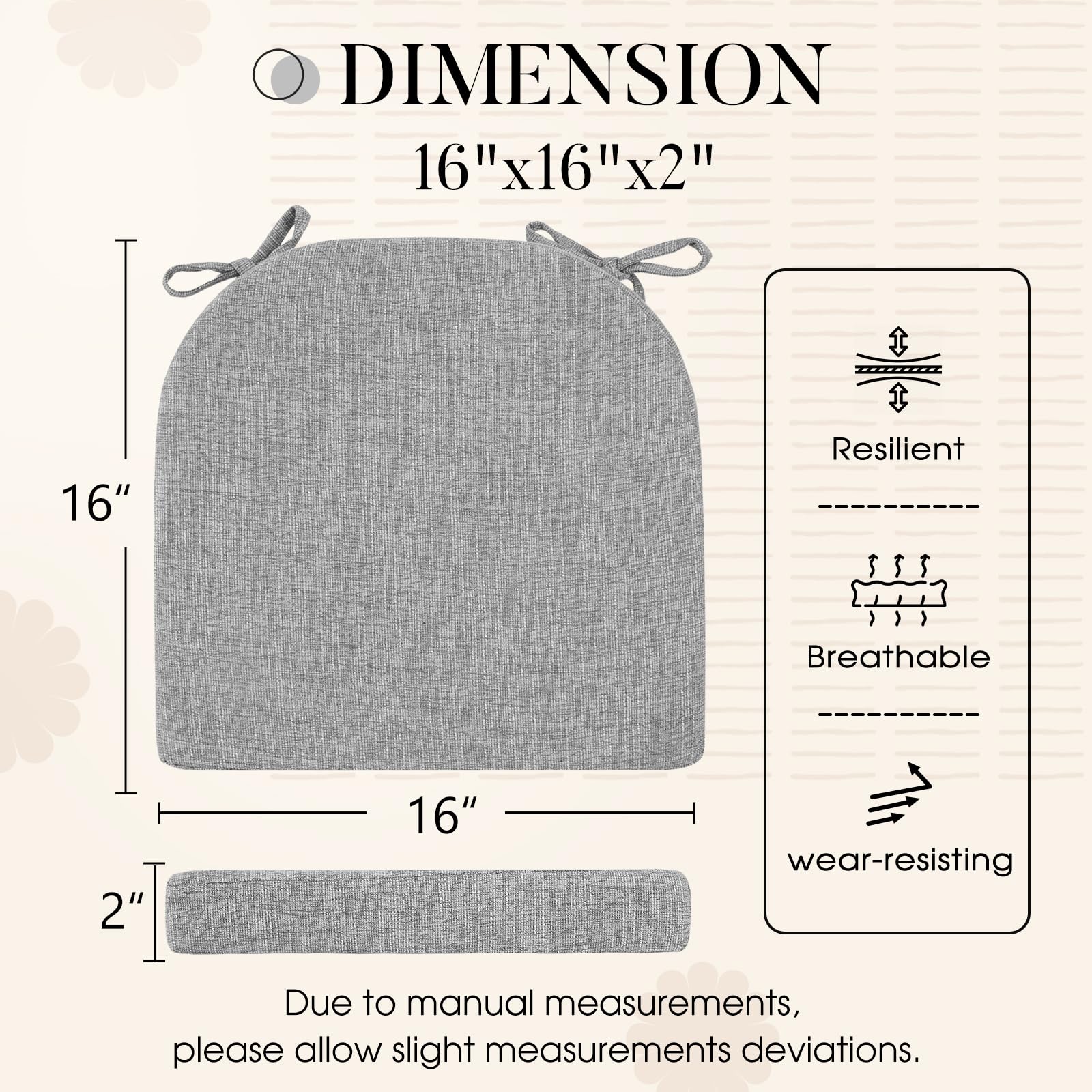 Basic Beyond Chair Cushions for Dining Chairs 4 Pack, Memory Foam Chair Cushion with Ties and Non Slip Backing, 16 x 16 inches Chair Pads for Dining Chairs(Light Grey)