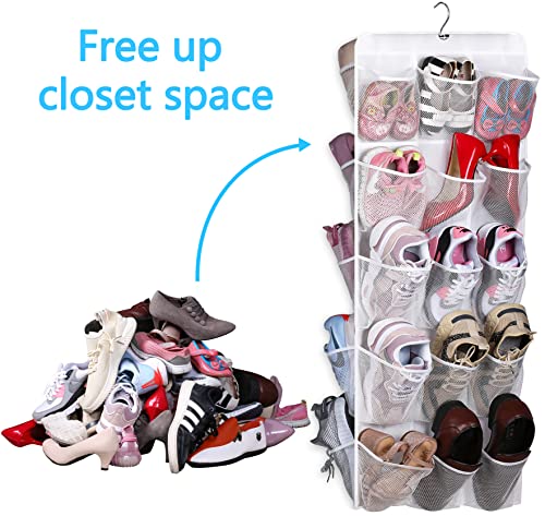 MISSLO 30 Pockets Dual Sided Hanging Baby Shoe Organizer for Closet with Rotating Hanger Hanging Shoe Shelves, White
