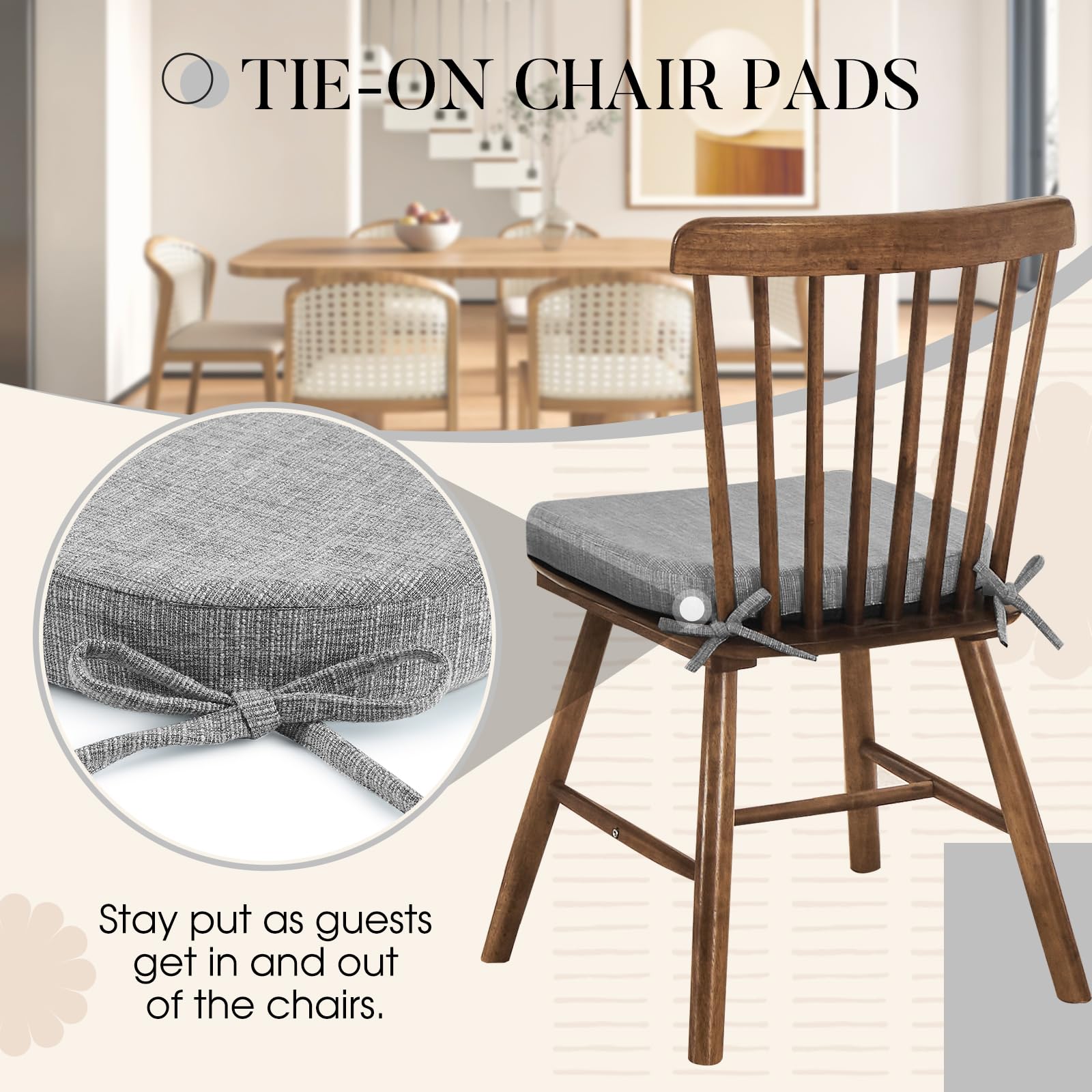 Basic Beyond Chair Cushions for Dining Chairs 4 Pack, Memory Foam Chair Cushion with Ties and Non Slip Backing, 16 x 16 inches Chair Pads for Dining Chairs(Light Grey)