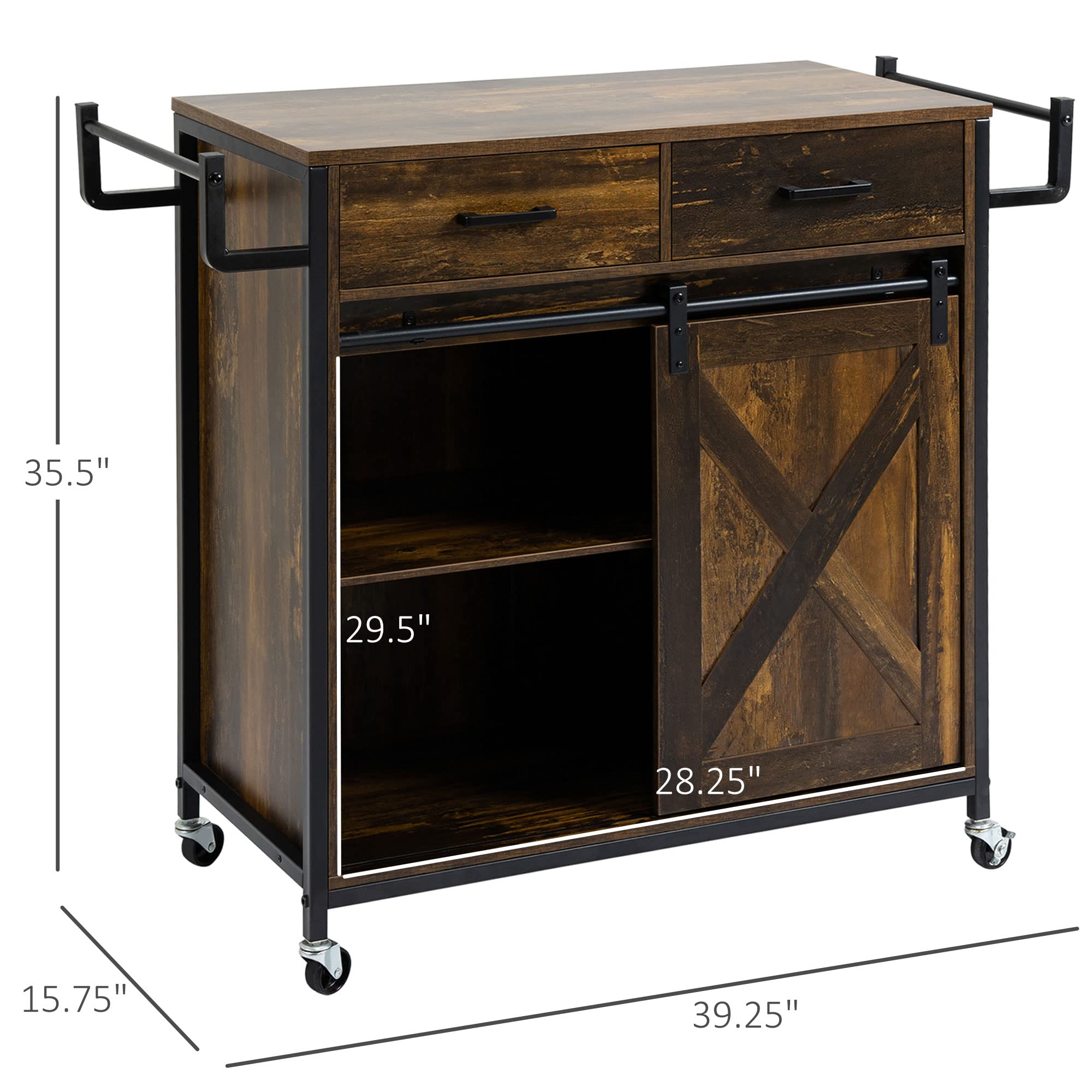 HOMCOM Industrial Kitchen Cart, Rolling Kitchen Island with Adjustable Shelf, Two Drawers, Sliding Barn Door Cabinet and Towel Rack, Rustic Brown