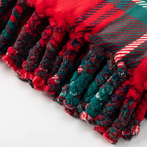 Cozy Bliss Tassel Throw Blanket for Couch, Buffalo Plaid Blanket with Tassel, Super Soft Fuzzy Fleece Blanket Decorative for Sofa Couch Bed Living Room (Red/Green, Throw 50" x 60")