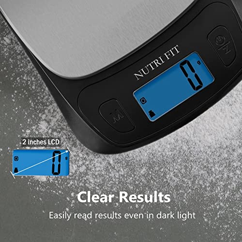 NUTRI FIT Ultra Slim Kitchen Scale Digital Food Weight Scale for Baking Cooking in Grams and Ounces Tare & Backlit LCD Display 11lb 5kg Capacity- Black/Stainless Steel
