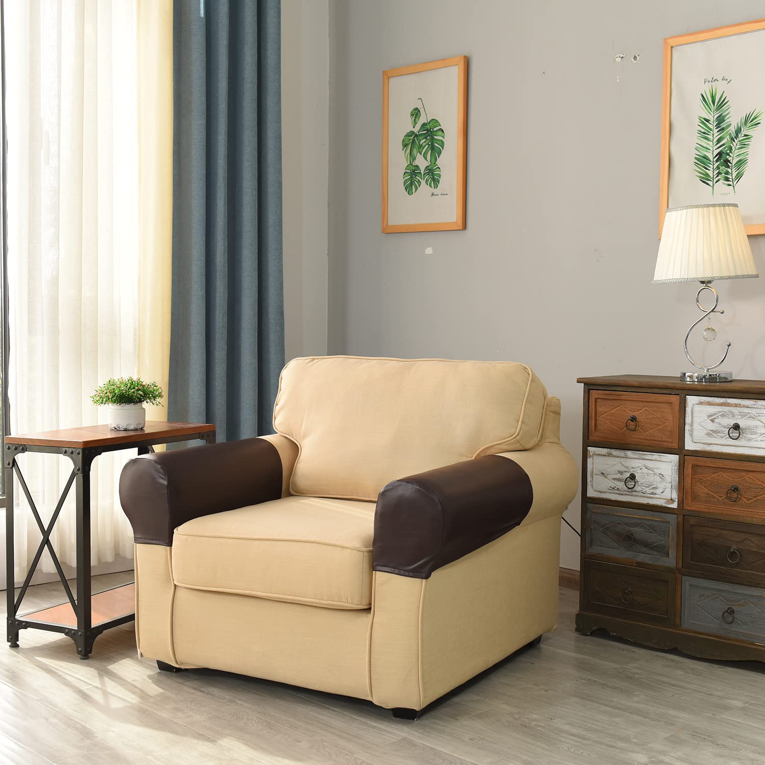 1 Pair Sofa Arm Cover, PU Leather Stretch Armrest Cover Anti-Slip Furniture Protector Slipcovers for Armchairs Sofa Couches Recliner-Taupe