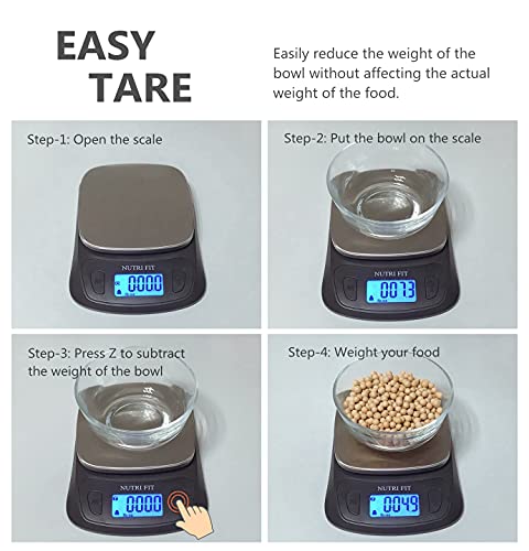 NUTRI FIT Ultra Slim Kitchen Scale Digital Food Weight Scale for Baking Cooking in Grams and Ounces Tare & Backlit LCD Display 11lb 5kg Capacity- Black/Stainless Steel