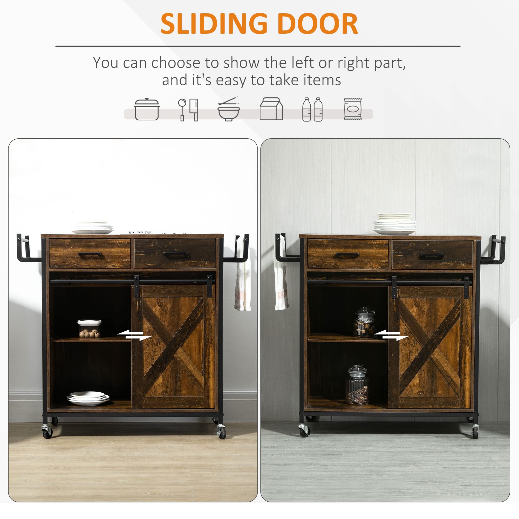 HOMCOM Industrial Kitchen Cart, Rolling Kitchen Island with Adjustable Shelf, Two Drawers, Sliding Barn Door Cabinet and Towel Rack, Rustic Brown