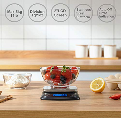NUTRI FIT Ultra Slim Kitchen Scale Digital Food Weight Scale for Baking Cooking in Grams and Ounces Tare & Backlit LCD Display 11lb 5kg Capacity- Black/Stainless Steel