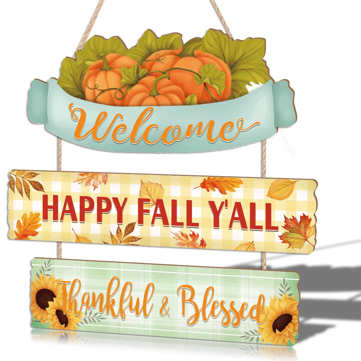 TOARTi Welcome Front Door Hanging Sign, Thankful & Blessed Pumpkin Fall Wood Plaque, Happy Fall Yall Wall Hanging for Home Wall Porch Farmhouse Harvest Thanksgiving Party Decor
