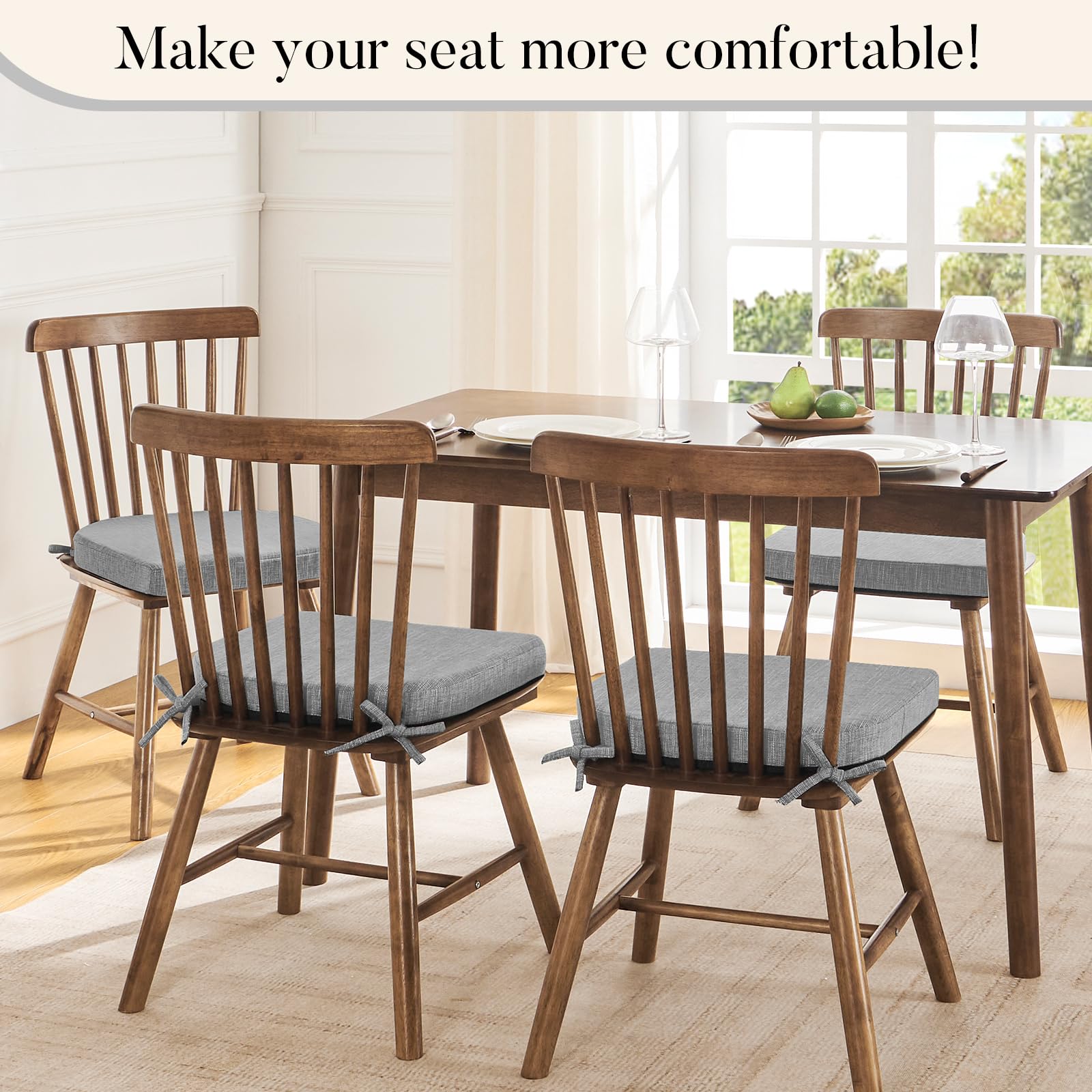Basic Beyond Chair Cushions for Dining Chairs 4 Pack, Memory Foam Chair Cushion with Ties and Non Slip Backing, 16 x 16 inches Chair Pads for Dining Chairs(Light Grey)