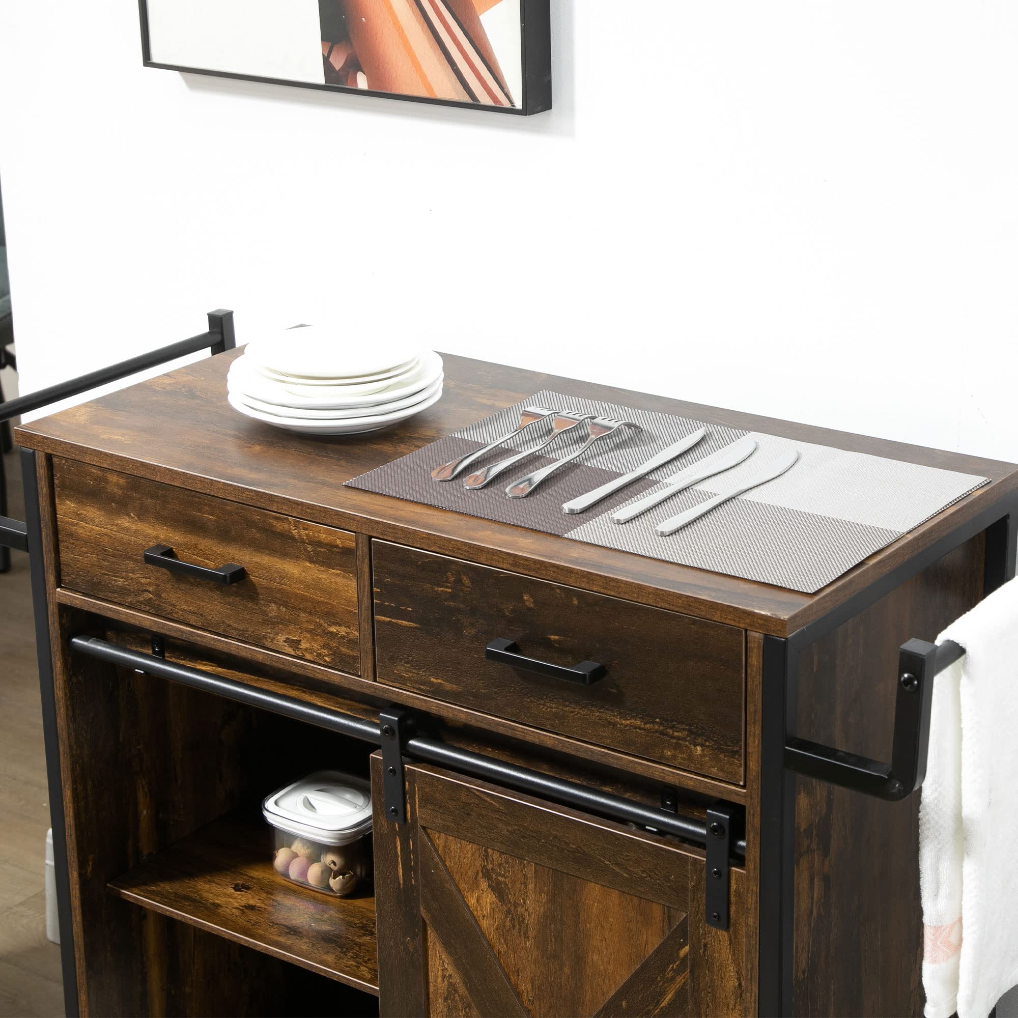 HOMCOM Industrial Kitchen Cart, Rolling Kitchen Island with Adjustable Shelf, Two Drawers, Sliding Barn Door Cabinet and Towel Rack, Rustic Brown