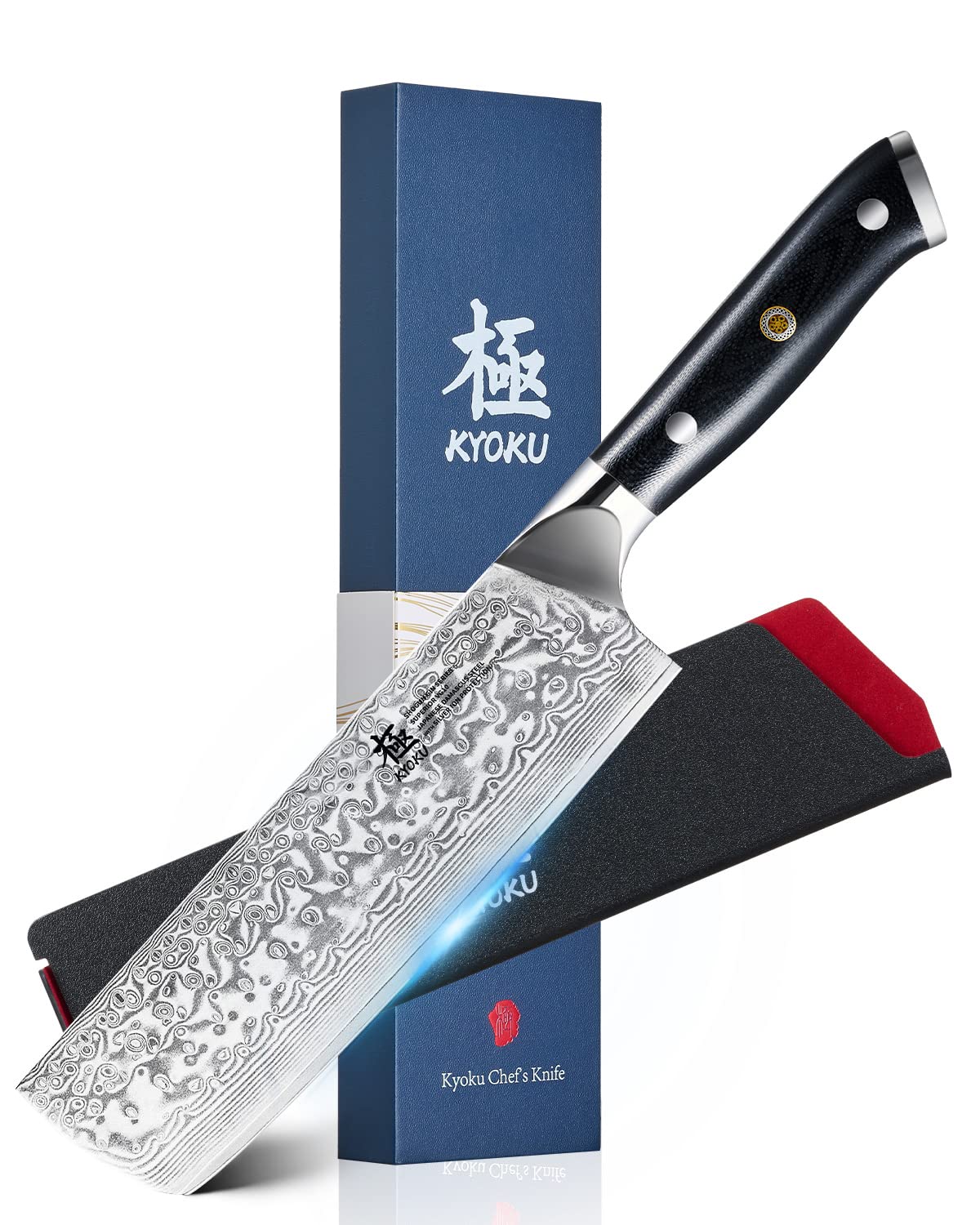 KYOKU Gin Series Nakiri Knife, 7" Vegetable Knife, Japanese VG10 Damascus Stainless Steel Kitchen Knife with Silver Ion Blade G10 Handle & Mosaic Pin, Professional Chef Knife for Veg Fruit Meat