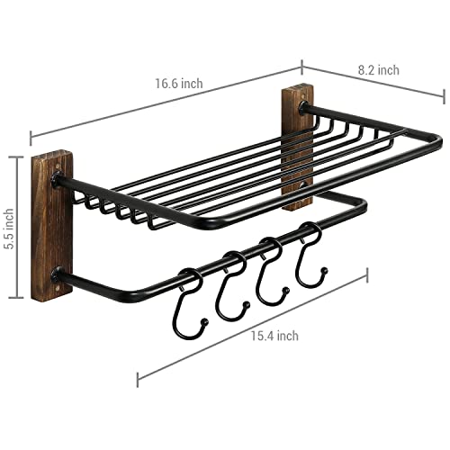 MyGift Wall Mounted Black Metal 2 Tier Bathroom Shelf and Hand Towel Bar Rack with Sliding Hanger Hooks and Solid Burnt Wood Mounting Brackets