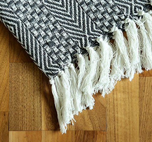RAJRANG BRINGING RAJASTHAN TO YOU Cotton Farmhouse Throw - 50x60 Inches - Woven Knitted Blanket with Decorative Tassel for Sofa and Couch Charcoal Grey