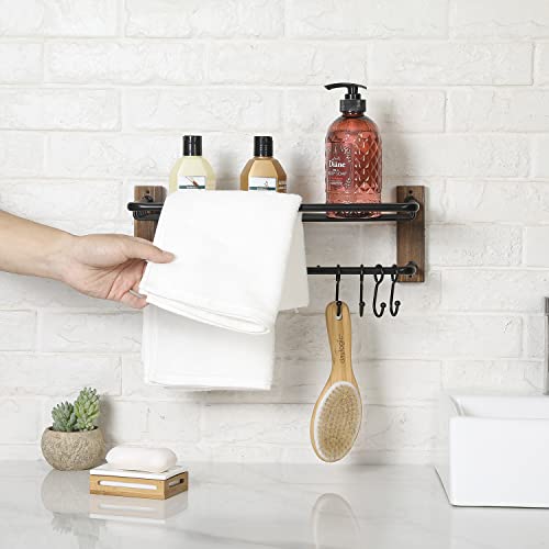 MyGift Wall Mounted Black Metal 2 Tier Bathroom Shelf and Hand Towel Bar Rack with Sliding Hanger Hooks and Solid Burnt Wood Mounting Brackets