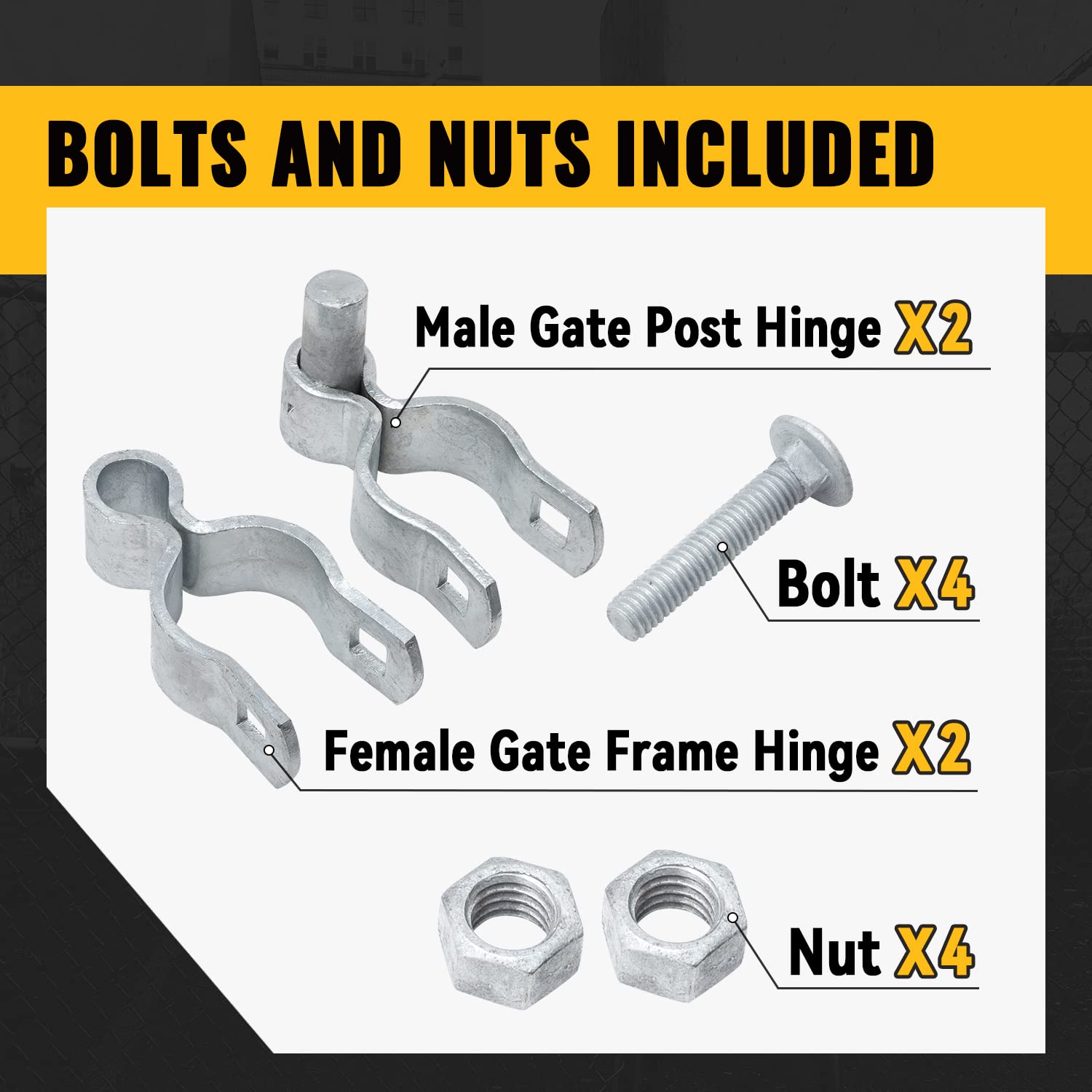Chain Link Fence Gate Hinge Kit, VIVIDA 1-5/8" Gate Hinge Include Female Gate Hinge(2 PCS), Male Gate Hinge(2 PCS), Chain Link Fence Gate Hinge, Galvanized Gate Hinge, Chain Link Fence Parts