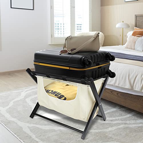 ECOMEX Luggage Rack, Luggage Rack with Removable Fabric Basket, Wooden Folding Luggage Rack with Laundry Bag, Nylon Straps, Space Saving Suitcase Holder for Bedroom,Guest Room,Hotel, Black