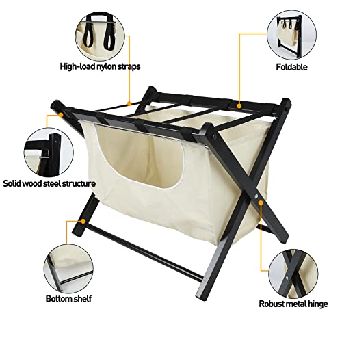 ECOMEX Luggage Rack, Luggage Rack with Removable Fabric Basket, Wooden Folding Luggage Rack with Laundry Bag, Nylon Straps, Space Saving Suitcase Holder for Bedroom,Guest Room,Hotel, Black