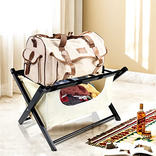 ECOMEX Luggage Rack, Luggage Rack with Removable Fabric Basket, Wooden Folding Luggage Rack with Laundry Bag, Nylon Straps, Space Saving Suitcase Holder for Bedroom,Guest Room,Hotel, Black