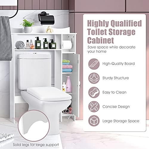 Hysache Over-The-Toilet Storage Organizer, Home Bathroom Space Saver w/ 2 Long Open Shelves, 1-Door Cabinet, Adjustable Shelf, Anti-Toppling Storage Rack, Freestanding Organizer Toilet Rack Stand