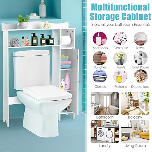 Hysache Over-The-Toilet Storage Organizer, Home Bathroom Space Saver w/ 2 Long Open Shelves, 1-Door Cabinet, Adjustable Shelf, Anti-Toppling Storage Rack, Freestanding Organizer Toilet Rack Stand