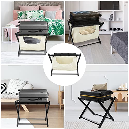 ECOMEX Luggage Rack, Luggage Rack with Removable Fabric Basket, Wooden Folding Luggage Rack with Laundry Bag, Nylon Straps, Space Saving Suitcase Holder for Bedroom,Guest Room,Hotel, Black
