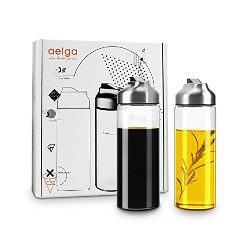 Aelga Olive Oil Dispenser - 14 OZ Glass Oil and Vinegar Dispenser Set - Oil Dispenser Bottles for Kitchen No Drip-Set of 2