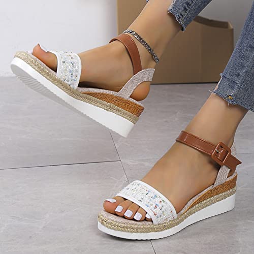 Rose Sandals for Women Wedding Ladies Summer Sequins Decorative Open Toe Buckle Wedge Heel Thick Sole Sandals (White, 8)